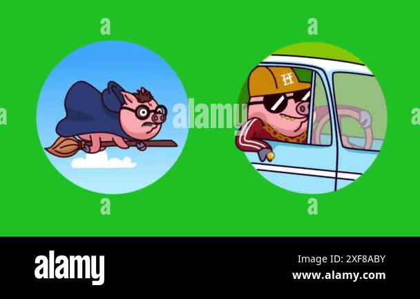 Funny cartoon sticker and character of a bespectacled pig flying with a ...