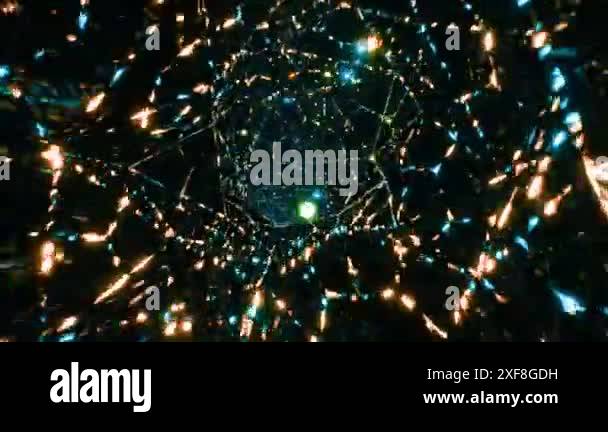 Neon glowing rays and particles flying in digital technology tunnels. 3D looped animated motion ...