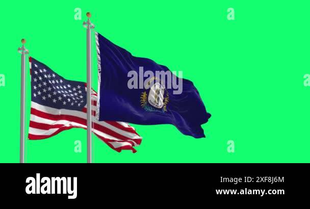 Flags of Kentucky and the United States waving isolated on green ...