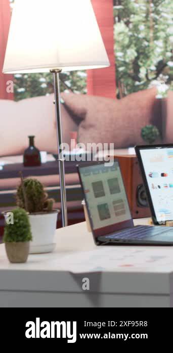 Vertical Video Empty home office desk filled with documents and ...