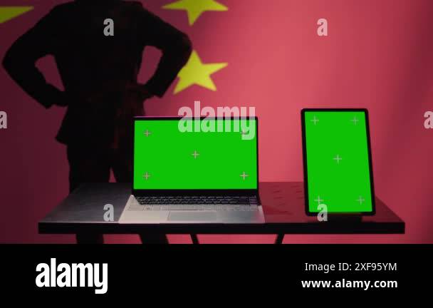 China army soldier using isolated screen laptop and tablet to identify ...