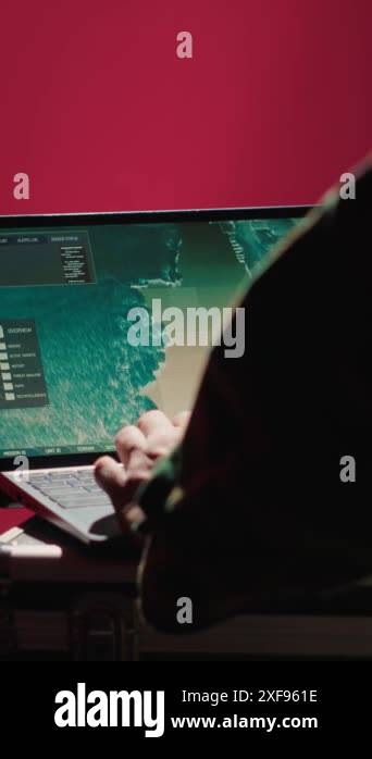 Vertical video Chinese soldier in command control room using military ...