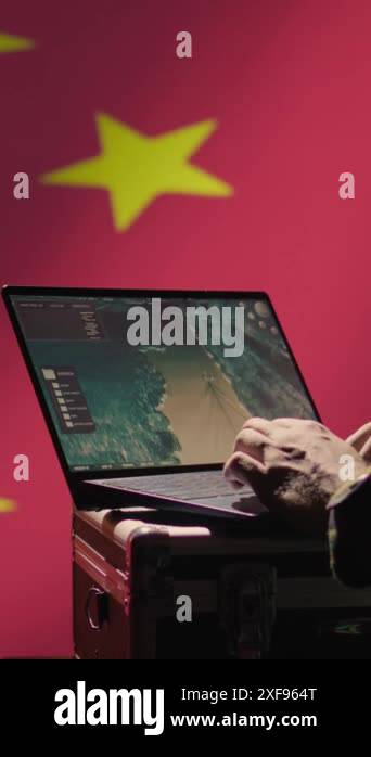 Vertical video Chinese soldier in command control room using military ...