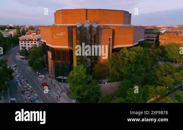 Pushing back from the Gasteig, famous cultural center in an aerial view ...