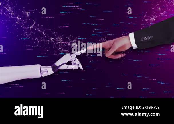 Hand of robot and human connected Metaverse technology network ...