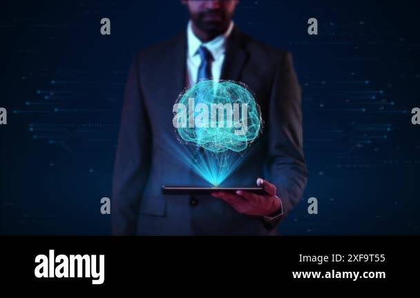Businessman virtual HUd Hologram human Brain scan innovation ...
