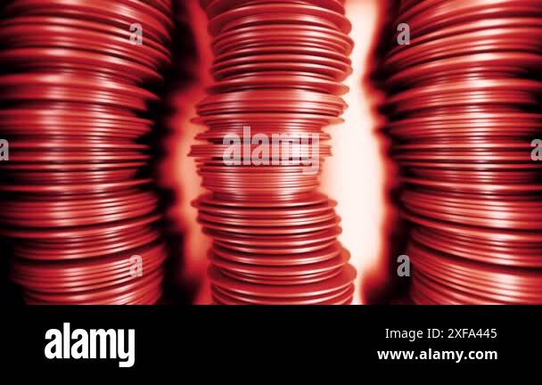 Abstract 3D geometric towers of flat objects on light background ...