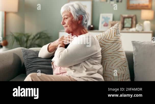 Senior, woman and thinking with photograph on couch for reminiscing ...