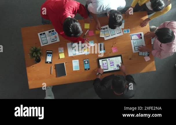 Top view of smart software developer planning software development. Skilled programmer team ...