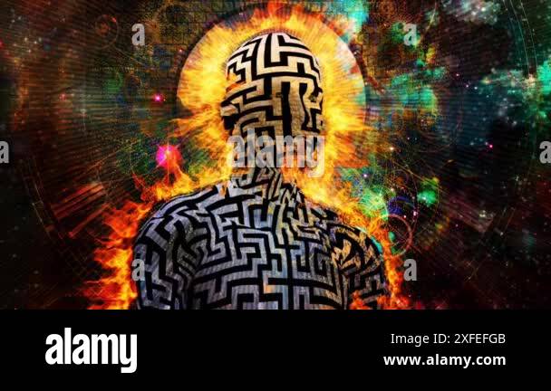 Burning man with maze pattern. Clock face and vivid universe background ...