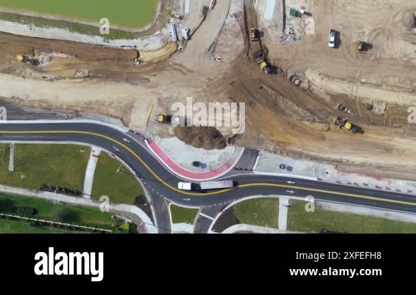 Aerial view of busy American highway road under construction ...
