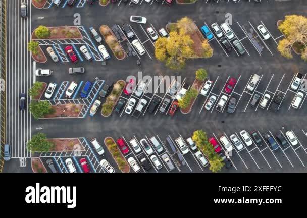 Many parked cars on store parking lot with lines and markings for ...