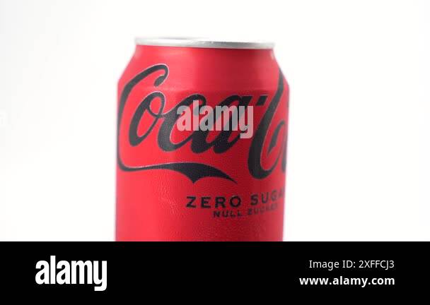 Germany Berlin July 1, 2024. A rotating Coca-Cola can is shown in close ...