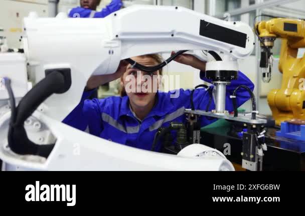Male robot engineers worker working in a team checking the robot arm ...