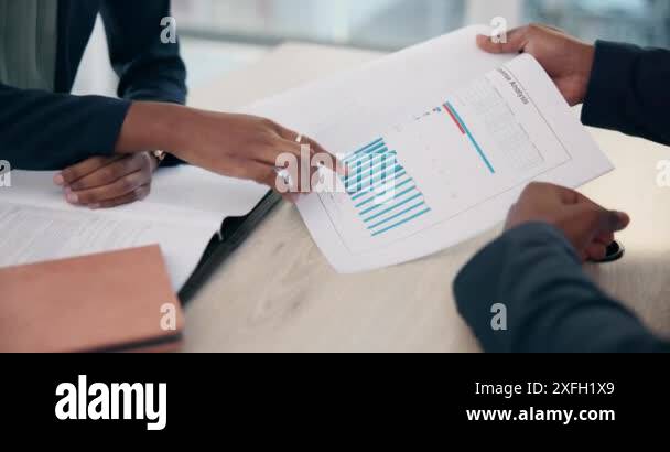 Chart, hands and business people in meeting with paperwork, information and analysis data ...