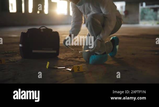 Night, crime scene and person with forensic evidence for investigation ...