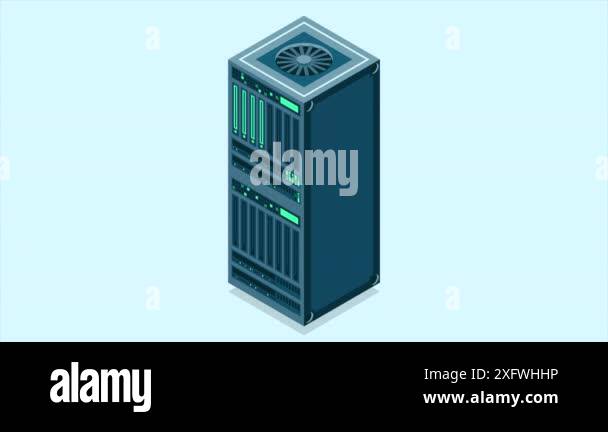 Isometric server animation. Network server room. 3D computer equipment ...