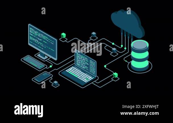 Cloud technology computing animation. Modern cloud technology. Data center isometric concept ...