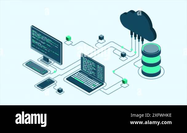 Cloud technology computing animation. Modern cloud technology. Data center isometric concept ...
