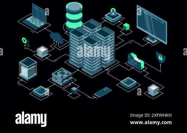 Isometric computer technology animation. Computation of big data center. Cloud computing. Online ...