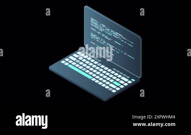 Isometric laptop animation. 3d isometric laptop computer. Abstract programming language and ...