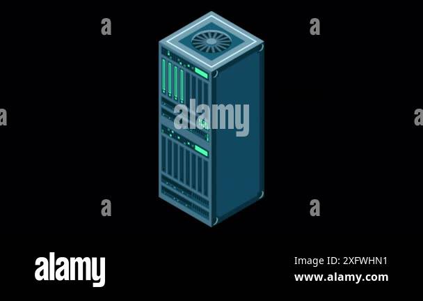 Isometric server animation. Network server room. 3D computer equipment ...