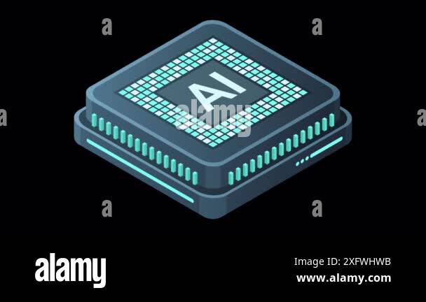 Isometric artificial intelligence chip animation. Artificial intelligence concept. Futuristic ...