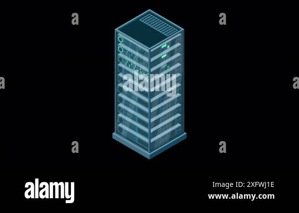 Isometric server animation. Network server room. 3D computer equipment ...