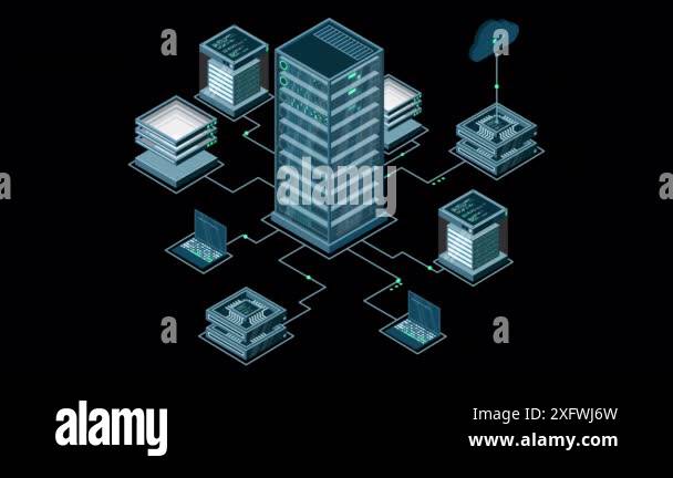 Isometric computer technology animation. Computation of big data center ...