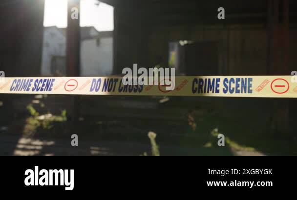 Crime, scene and ribbon with tape for closure, no entry or block at ...