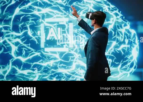 Computer scientist wearing VR headset looking at hologram of artificial ...