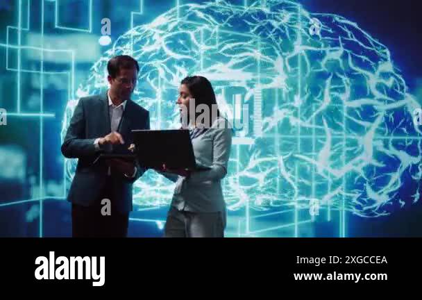 Teamworking colleagues using AI neural networks modeled after human brain to solve complex ...