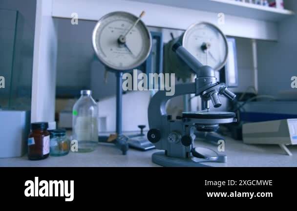 Medical laboratory interior with no people in. Microscope, scales ...