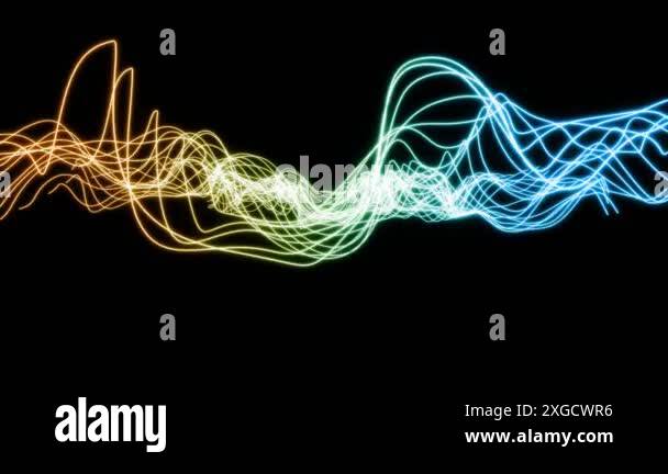 Colorful thin lines moving on black background. Neon glowing waves ...