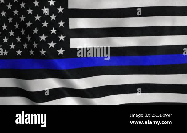 Police tribute Flag waving in wind. Thin blue line flag law enforcement ...