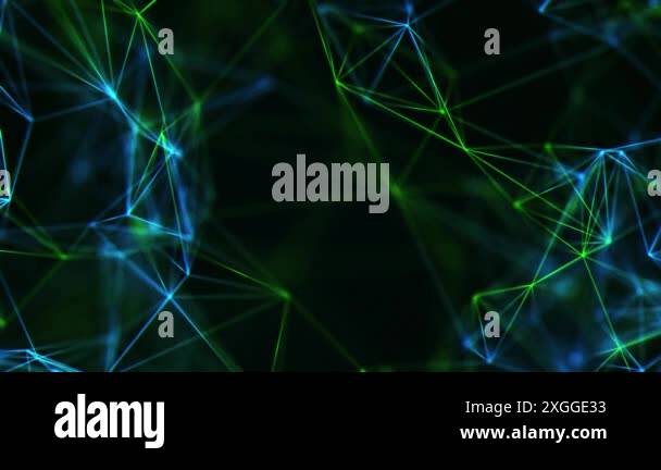 Abstract network connections in green blue color. Multicolored plexus effect black background ...