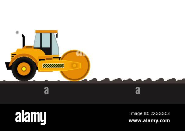 Road roller working on the construction site, A large yellow ...