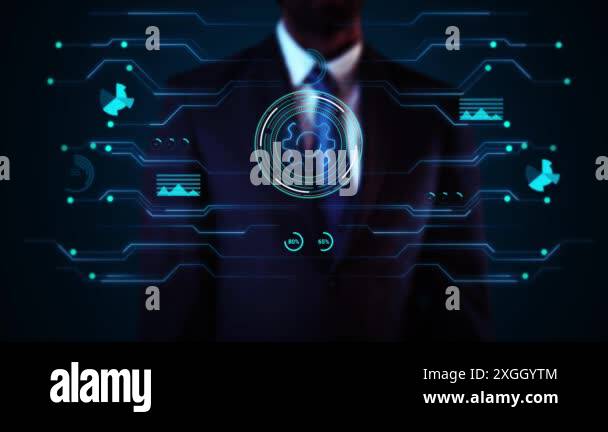 Businessman virtual display HUd Hologram Digital Gears wheel Business ...