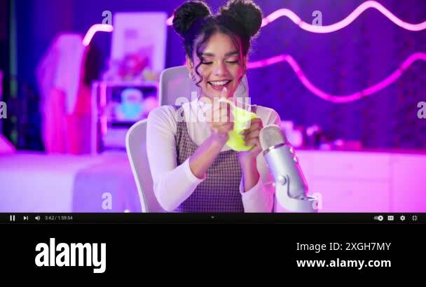 Woman, content creator and microphone or face on live streaming with ...