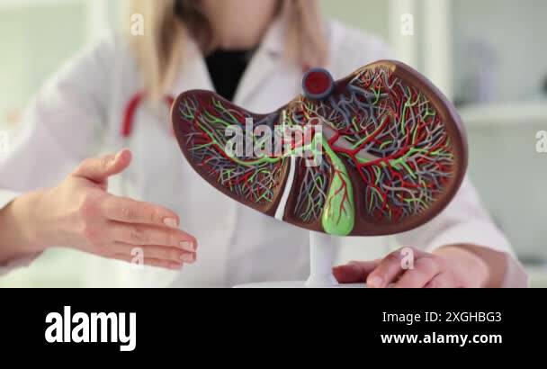 Woman doctor shows realistic liver model in hospital. Female medical ...