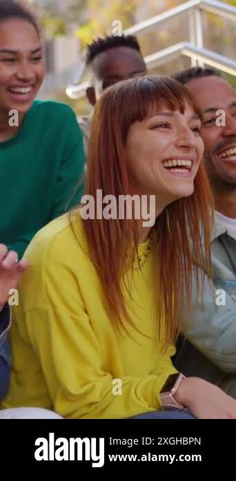 Young group of diverse friends having fun together outdoors. Millennial ...