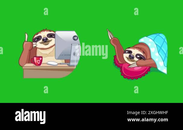 Lazy cartoon character and sticker working with PC and showing like ...