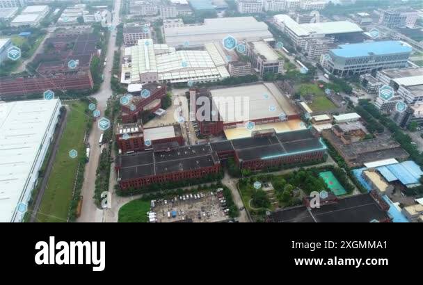 Visualization of a smart factory as seen from a drone. Smart factory ...