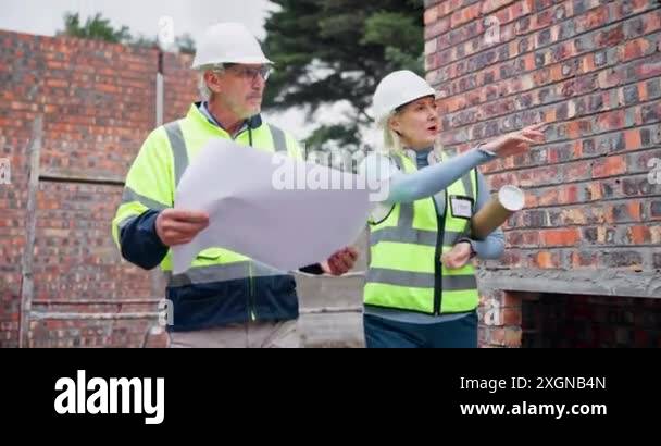 Architecture, people and check with blueprint in building construction ...