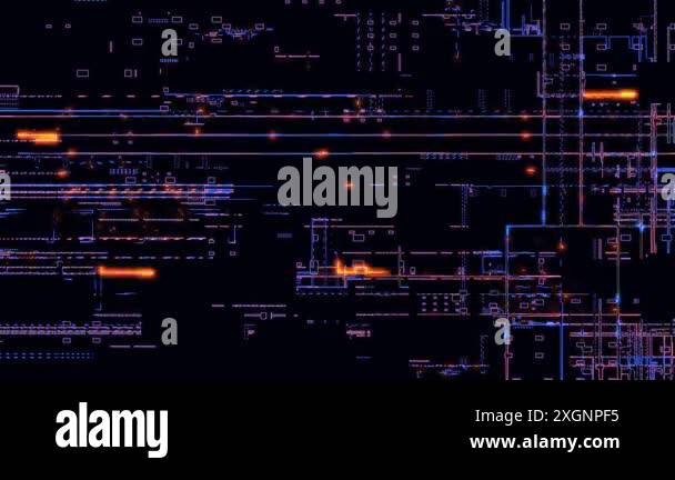 Abstract digital computer processors and electronic components on a circuit board process data ...