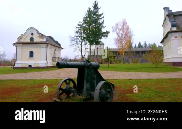 The line of the vintage cannons on grounds of historic Baturyn Fortress ...