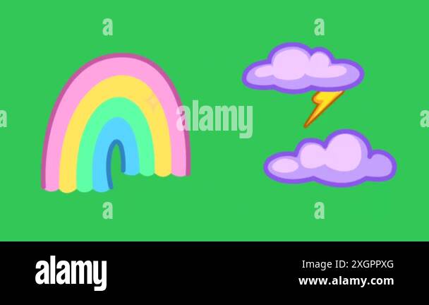 2D rendering green screen animation of rainbow and thunder emoticons ...