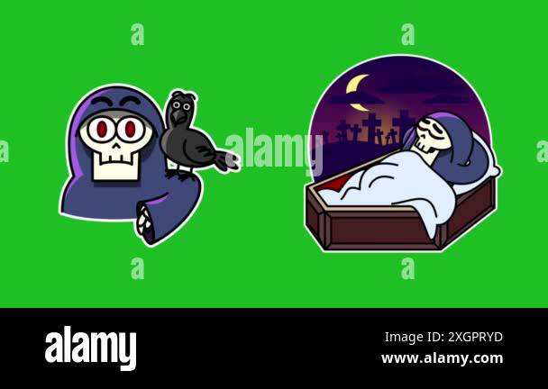 Funny cartoon character and sticker of a skeleton with clothes and a ...