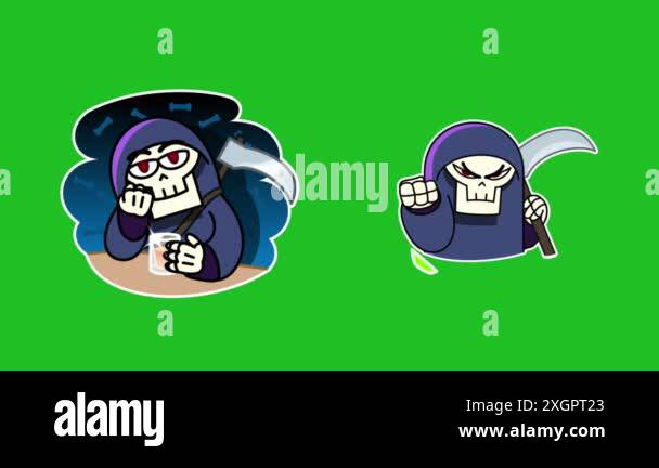 Funny cartoon character and sticker of a skeleton in a suit listening ...