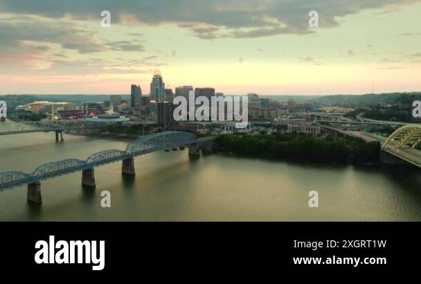 Evening urban landscape of downtown district of Cincinnati city in ...